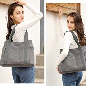 Women's Canvas Tote Handbags Multi-pocket Retro Casual Shoulder Bag Top Handle Satchel Tote Purse Gray