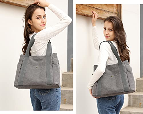 Women's Canvas Tote Handbags Multi-pocket Retro Casual Shoulder Bag Top Handle Satchel Tote Purse Gray