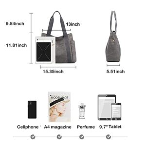 Women's Canvas Tote Handbags Multi-pocket Retro Casual Shoulder Bag Top Handle Satchel Tote Purse Gray