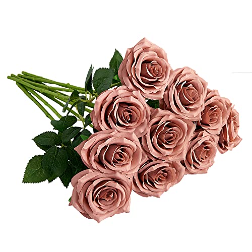 IUKnot Artificial Rose 10pcs Open Flower Bouquet Faux Rose Stems for Wedding Arrangement, Bridal Bouquet, Centerpiece, Fake Faux Silk Flowers (Dusty Rose)