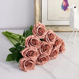 IUKnot Artificial Rose 10pcs Open Flower Bouquet Faux Rose Stems for Wedding Arrangement, Bridal Bouquet, Centerpiece, Fake Faux Silk Flowers (Dusty Rose)