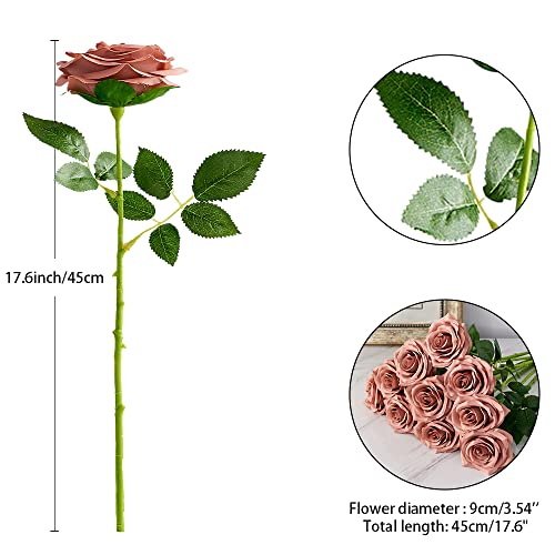 IUKnot Artificial Rose 10pcs Open Flower Bouquet Faux Rose Stems for Wedding Arrangement, Bridal Bouquet, Centerpiece, Fake Faux Silk Flowers (Dusty Rose)