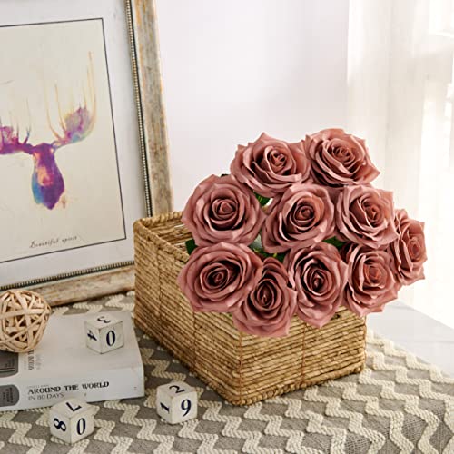 IUKnot Artificial Rose 10pcs Open Flower Bouquet Faux Rose Stems for Wedding Arrangement, Bridal Bouquet, Centerpiece, Fake Faux Silk Flowers (Dusty Rose)