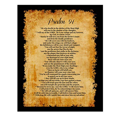 Psalm 91-"He Will Call Upon Me and I Will Answer Him" Bible Verse Wall Print-11 x 14" -Ready To Frame. Inspirational Scripture Print w/Replica Weathered Scroll Design. Ideal Home-Office-Church Décor.