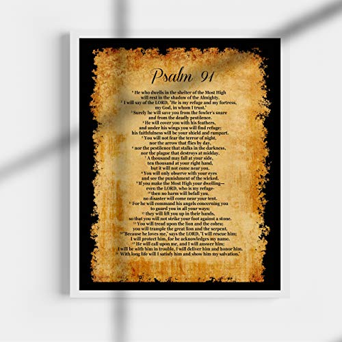 Psalm 91-"He Will Call Upon Me and I Will Answer Him" Bible Verse Wall Print-11 x 14" -Ready To Frame. Inspirational Scripture Print w/Replica Weathered Scroll Design. Ideal Home-Office-Church Décor.