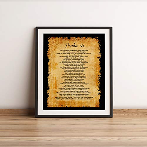 Psalm 91-"He Will Call Upon Me and I Will Answer Him" Bible Verse Wall Print-11 x 14" -Ready To Frame. Inspirational Scripture Print w/Replica Weathered Scroll Design. Ideal Home-Office-Church Décor.