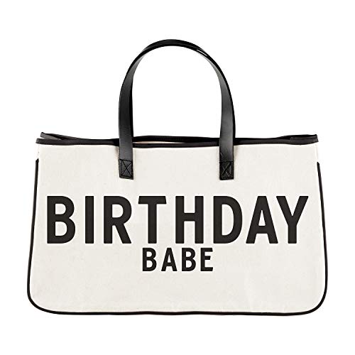 Santa Barbara Design Studio Tote Bag Hold Everything Collection Black and White 100% Cotton Canvas with Genuine Leather Handles, Large, Birthday Babe