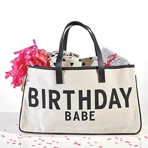 Santa Barbara Design Studio Tote Bag Hold Everything Collection Black and White 100% Cotton Canvas with Genuine Leather Handles, Large, Birthday Babe