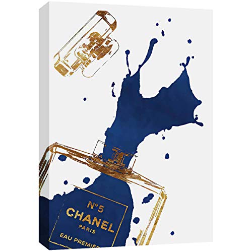 Home Decor Canvas Wall Art-HD Prints On Premium Canvas，Framed for Bedroom Bathroom Living Room Home Office Decor-Gold Perfume Bottle with Navy Blue Splash