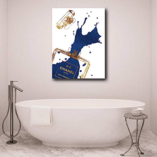 Home Decor Canvas Wall Art-HD Prints On Premium Canvas，Framed for Bedroom Bathroom Living Room Home Office Decor-Gold Perfume Bottle with Navy Blue Splash