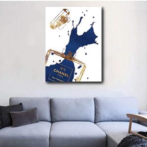 Home Decor Canvas Wall Art-HD Prints On Premium Canvas，Framed for Bedroom Bathroom Living Room Home Office Decor-Gold Perfume Bottle with Navy Blue Splash