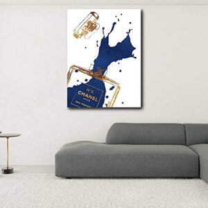 Home Decor Canvas Wall Art-HD Prints On Premium Canvas，Framed for Bedroom Bathroom Living Room Home Office Decor-Gold Perfume Bottle with Navy Blue Splash