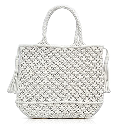 QTKJ Hand-Woven Cotton Crochet bag Women's Summer Beach Tote Bag Crochet Clutch Bag Woven Envelope Bag with Cute Tassel (White)