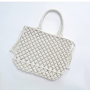 QTKJ Hand-Woven Cotton Crochet bag Women's Summer Beach Tote Bag Crochet Clutch Bag Woven Envelope Bag with Cute Tassel (White)