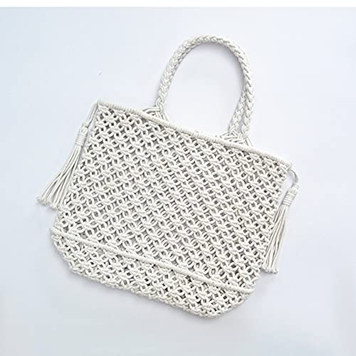 QTKJ Hand-Woven Cotton Crochet bag Women's Summer Beach Tote Bag Crochet Clutch Bag Woven Envelope Bag with Cute Tassel (White)