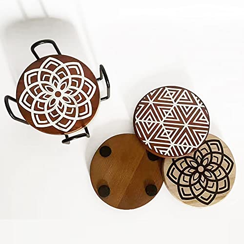 Wooden Drink Coasters, Wood Coasters Set with Holder, Absorbent Coaster Sets of 6, Coaster with Holder for Tabletop Protection, Suitable for Kinds of Cups