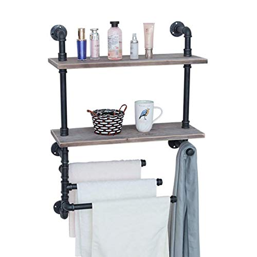 WRUJ 24" Industrial Pipe Shelf, Rustic Wall Shelf with with Rotating Towel Bar, Bathroom Shelf, Kitchen Seasoning Rack, Bookshelf Storage Rack