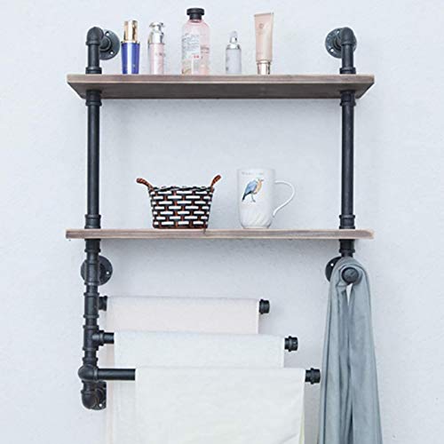 WRUJ 24" Industrial Pipe Shelf, Rustic Wall Shelf with with Rotating Towel Bar, Bathroom Shelf, Kitchen Seasoning Rack, Bookshelf Storage Rack