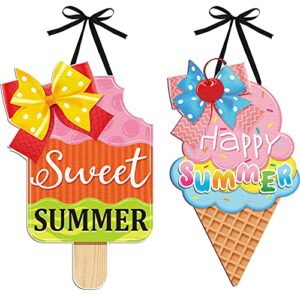 2 pieces ice cream sandbeach hanging sign happy summer wood sign sweet summer wood ornaments summer welcome sign door wood hanging sign for summer holiday party home door wall window decor (ice cream)