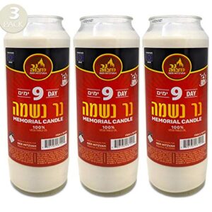 Ner Mitzvah 9 Day Yahrzeit Candle - 3 Pack Kosher White Yahrzeit Memorial Candles - Yom Kippur and Holiday Candle in Glass Jar - 100% Vegetable Oil Wax Prayer Candle