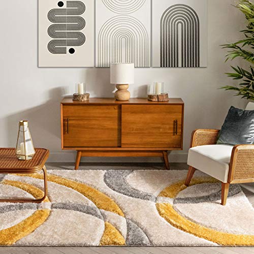 Well Woven San Francisco Bevel Yellow Modern Geometric 3D Textured Thick and Soft Shag 7'10" x 9'10" Area Rug