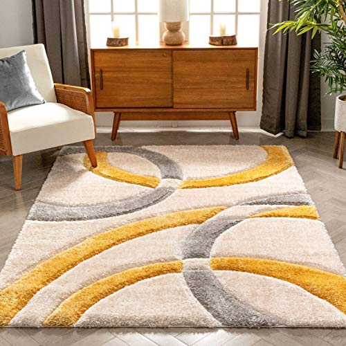 Well Woven San Francisco Bevel Yellow Modern Geometric 3D Textured Thick and Soft Shag 7'10" x 9'10" Area Rug