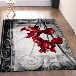 HT Design Rectangular Area Rug for Living Room, Floral Black and Red 7x10 Modern Rugs, Easy to Clean, Pet Friendly Indoor Carpet for Living Room