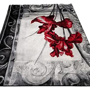 HT Design Rectangular Area Rug for Living Room, Floral Black and Red 7x10 Modern Rugs, Easy to Clean, Pet Friendly Indoor Carpet for Living Room