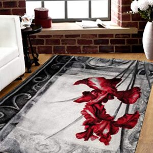 HT Design Rectangular Area Rug for Living Room, Floral Black and Red 7x10 Modern Rugs, Easy to Clean, Pet Friendly Indoor Carpet for Living Room