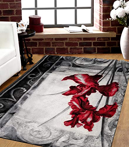 HT Design Rectangular Area Rug for Living Room, Floral Black and Red 7x10 Modern Rugs, Easy to Clean, Pet Friendly Indoor Carpet for Living Room