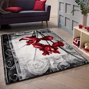 HT Design Rectangular Area Rug for Living Room, Floral Black and Red 7x10 Modern Rugs, Easy to Clean, Pet Friendly Indoor Carpet for Living Room