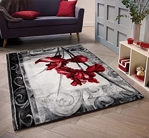 HT Design Rectangular Area Rug for Living Room, Floral Black and Red 7x10 Modern Rugs, Easy to Clean, Pet Friendly Indoor Carpet for Living Room