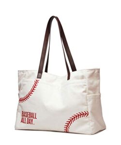 yhshyzh oversize baseball mom tote bag embroidery baseball seams prints purse utility shoulder handbag cotton canvas sports travel stuff beach bags gifts for women men kids(x-large white) …