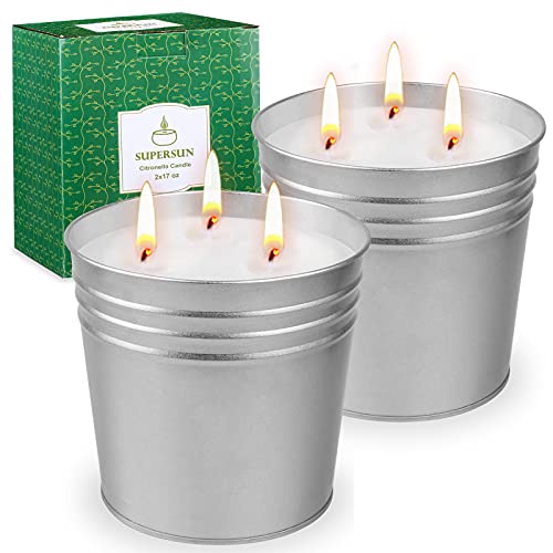 Citronella Candles Outdoor Large, 3-Wicks Soy Wax Bucket Candles Set, 200 Hours Burn Time Garden Candles for Home Patio Yard, 17oz x 2 Pack