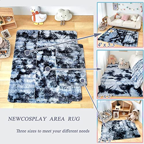 NEWCOSPLAY Faux Fur Area Rug Rainbow Tie Dye Carpet Playing Mat for Girls Bedroom Living Room Home Décor (2' x 3', Grey Rainbow)