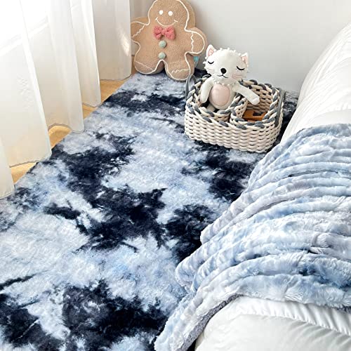 NEWCOSPLAY Faux Fur Area Rug Rainbow Tie Dye Carpet Playing Mat for Girls Bedroom Living Room Home Décor (2' x 3', Grey Rainbow)