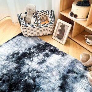 NEWCOSPLAY Faux Fur Area Rug Rainbow Tie Dye Carpet Playing Mat for Girls Bedroom Living Room Home Décor (2' x 3', Grey Rainbow)