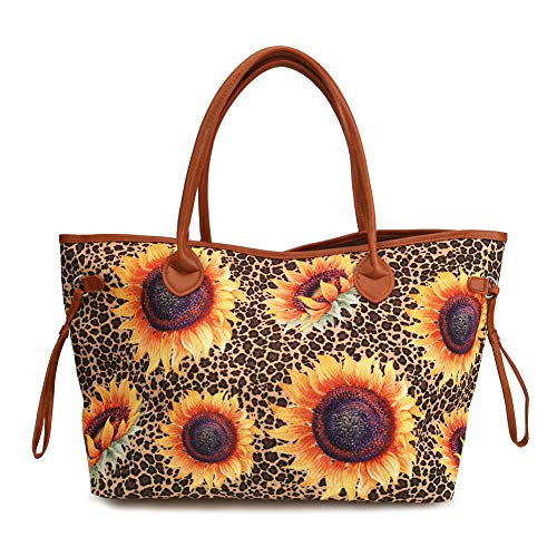 Oversized Tote Handbag Sunflower Purse with Inner Pockets Cheetah Printing Canvas Beach Bag for Women (X-large, leopard sunflower)