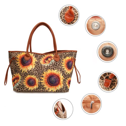 Oversized Tote Handbag Sunflower Purse with Inner Pockets Cheetah Printing Canvas Beach Bag for Women (X-large, leopard sunflower)