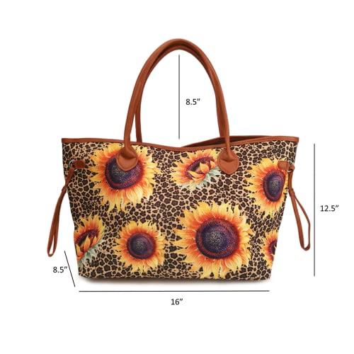 Oversized Tote Handbag Sunflower Purse with Inner Pockets Cheetah Printing Canvas Beach Bag for Women (X-large, leopard sunflower)