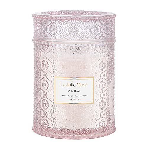 LA JOLIE MUSE Candle Gift for Women, Rose Scented Candle, Wood Wicked Glass Jar Candles for Home Scented, Large Candle, Long Burning Time, 19.4 oz