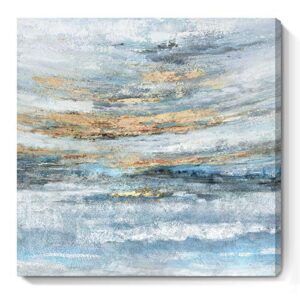 bathroom wall art abstract canvas art print framed modern blue ocean picture small coastal sunset & sunrise artwork for sea lake themed home bedroom décor 14x14inch