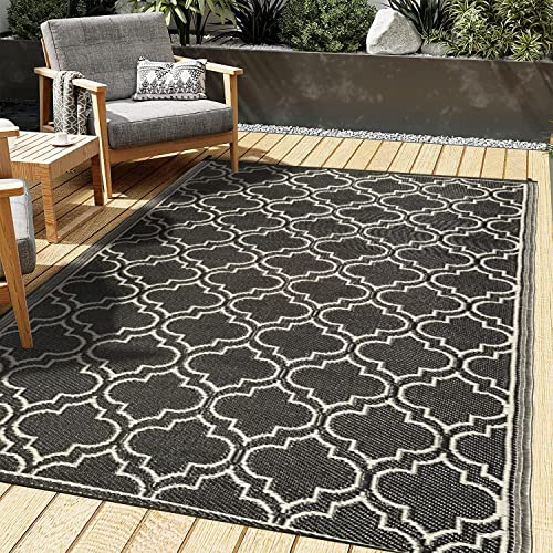 Funky Strokes Outdoor Rug 4x6 - Outdoor Rugs for Patios Clearance - Waterproof Camping Rugs for Outside Your RV, Porch, Deck, Tent, Camper Accessories - Outdoor Patio Rug (Black and Gray)