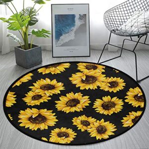 round area rug non-slip large circle rugs 3-feet diameter for living room bedroom beautiful modern microfiber soft carpet machine washable floor mat home decor (black sunflower)