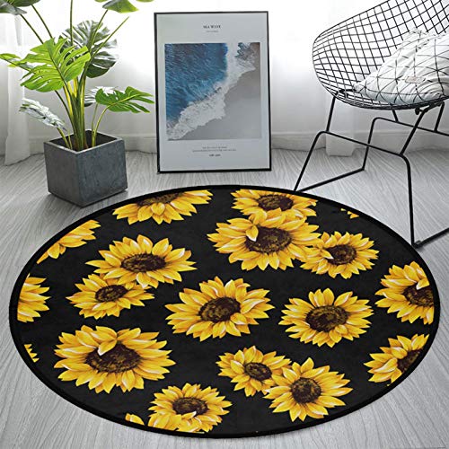 Round Area Rug Non-Slip Large Circle Rugs 3-Feet Diameter for Living Room Bedroom Beautiful Modern Microfiber Soft Carpet Machine Washable Floor Mat Home Decor (Black Sunflower)