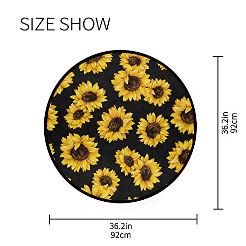 Round Area Rug Non-Slip Large Circle Rugs 3-Feet Diameter for Living Room Bedroom Beautiful Modern Microfiber Soft Carpet Machine Washable Floor Mat Home Decor (Black Sunflower)