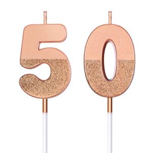 bbto 50th birthday candles glitter cake numeral candles 50th birthday cake topper decoration for birthday wedding anniversary celebration favor, rose gold