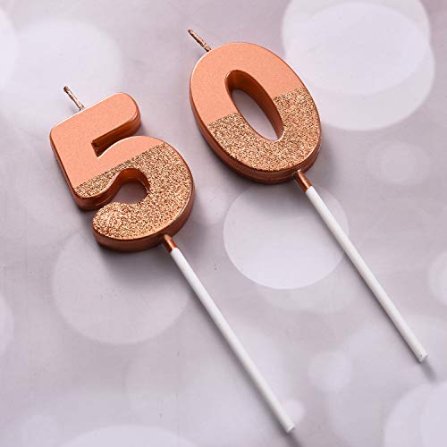 BBTO 50th Birthday Candles Glitter Cake Numeral Candles 50th Birthday Cake Topper Decoration for Birthday Wedding Anniversary Celebration Favor, Rose Gold