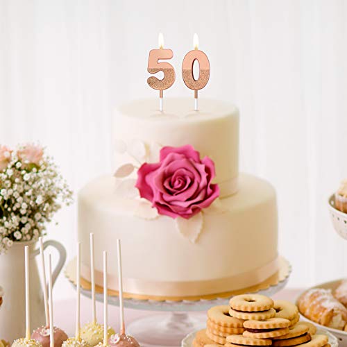 BBTO 50th Birthday Candles Glitter Cake Numeral Candles 50th Birthday Cake Topper Decoration for Birthday Wedding Anniversary Celebration Favor, Rose Gold