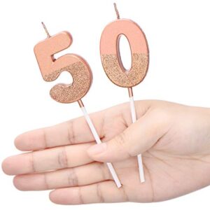 BBTO 50th Birthday Candles Glitter Cake Numeral Candles 50th Birthday Cake Topper Decoration for Birthday Wedding Anniversary Celebration Favor, Rose Gold